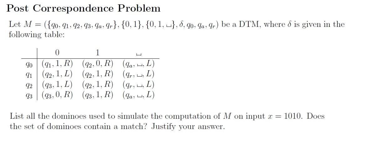Solved Post Correspondence Problem Let M = ({90, 91, 92, 93, | Chegg.com