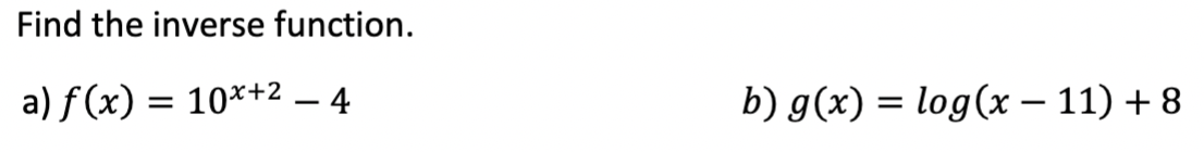 Solved Find the inverse function. a) f(x)=10x+2−4 b) | Chegg.com