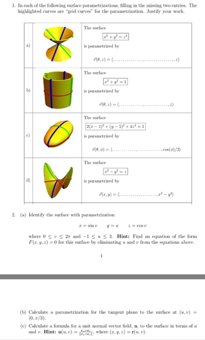 Solved 1. In each of the following surface parametrizations, | Chegg.com