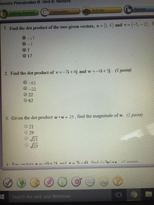 Solved 5: VectorS onors Precalculus B Unit 1. Find the dot | Chegg.com