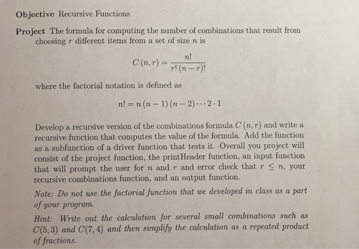 Solved Objective Recursive Functions Project The formula for | Chegg.com