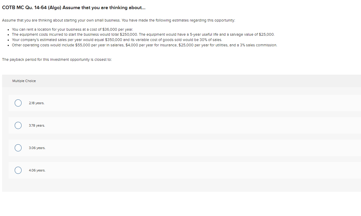 Solved COTB MC Qu. 14-64 (Algo) Assume that you are thinking | Chegg.com
