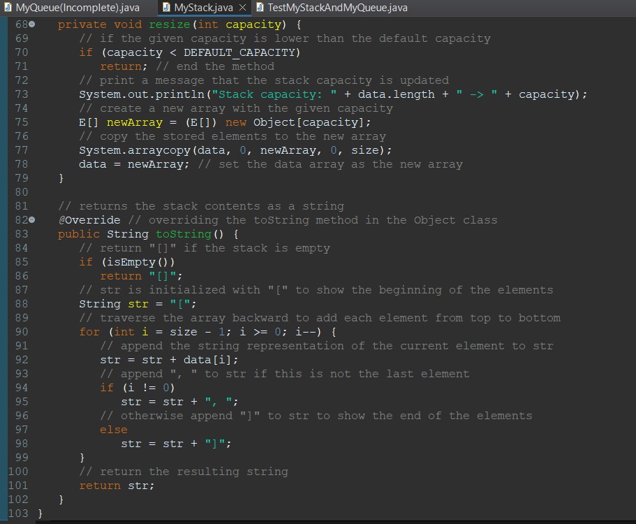 Solved yQueue(Incomplete).java 』 lestMyStackAndMyQueue.java | Chegg.com