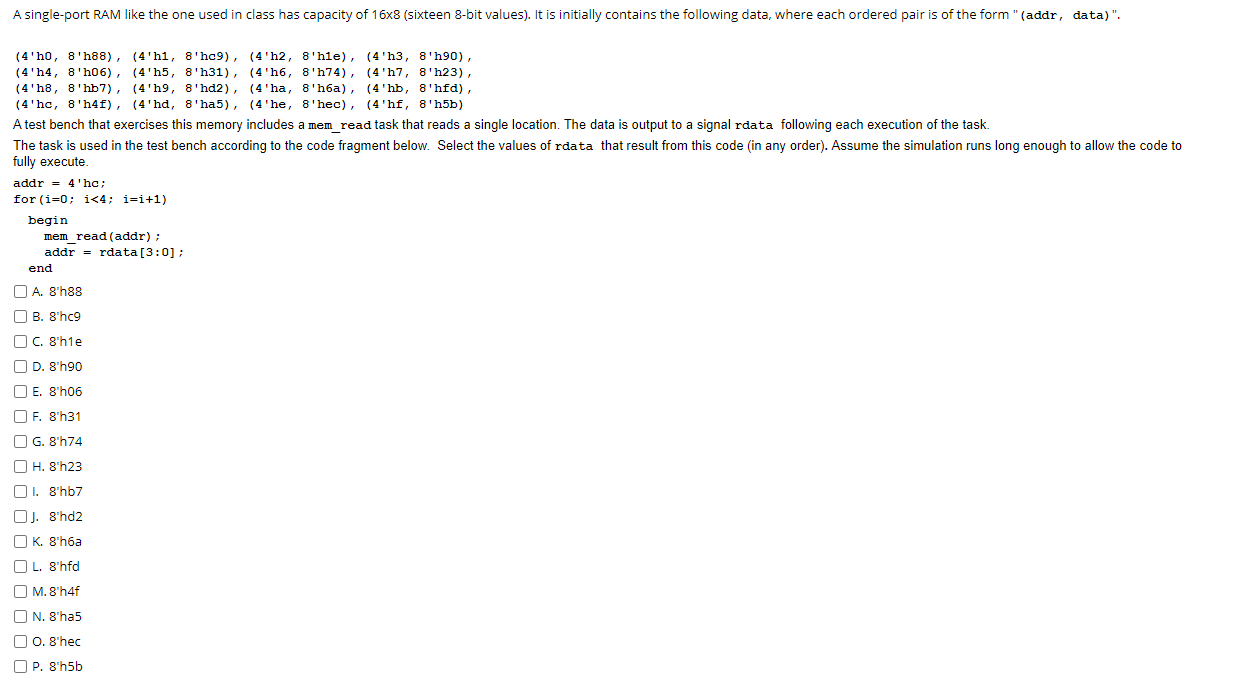 Solved A single-port RAM like the one used in class has | Chegg.com