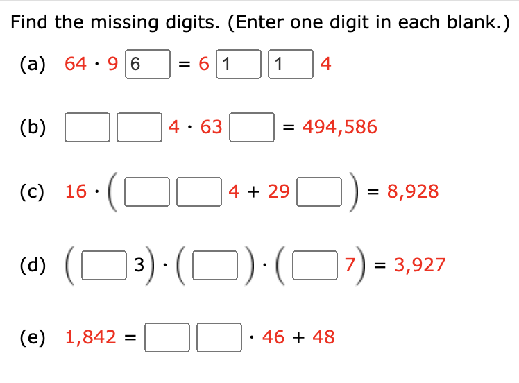 Solved Find the missing digits. (Enter one digit in each | Chegg.com