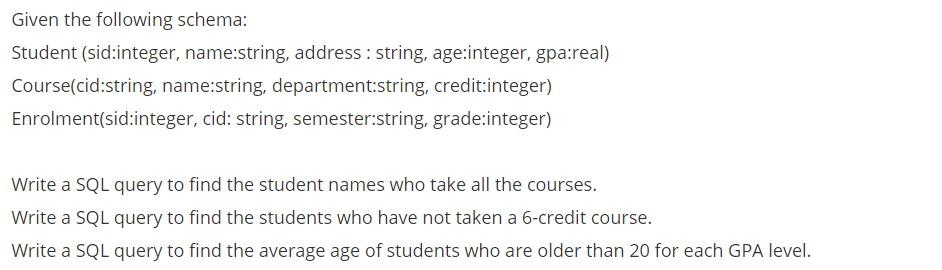 Solved Given the following schema: Student (sid:integer, | Chegg.com