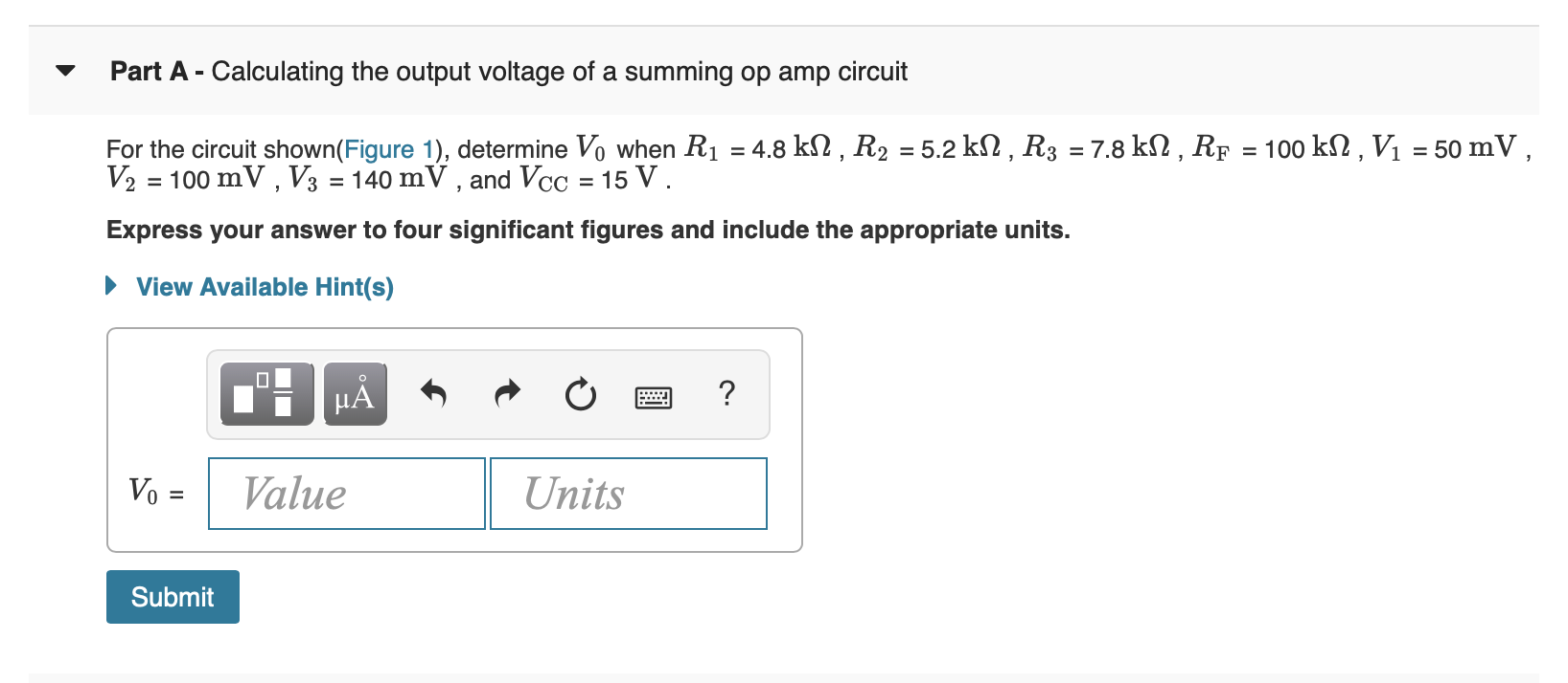Solved Part A - Calculating the output voltage of a summing | Chegg.com