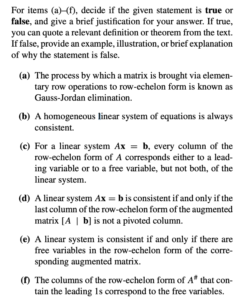 Solved For items (a)-(f), decide if the given statement is | Chegg.com