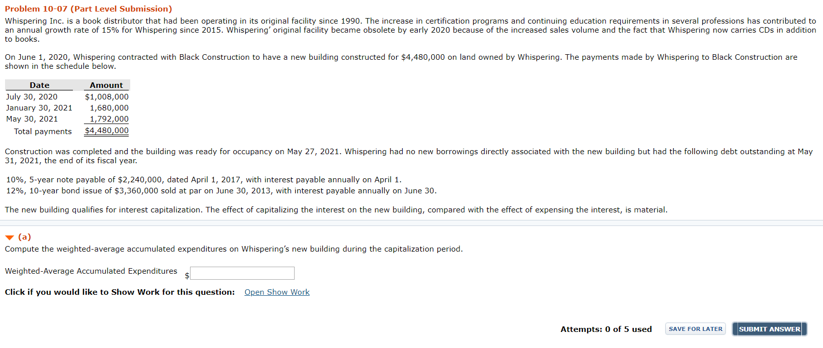 Solved Problem 10-07 (Part Level Submission) Whispering Inc. | Chegg.com