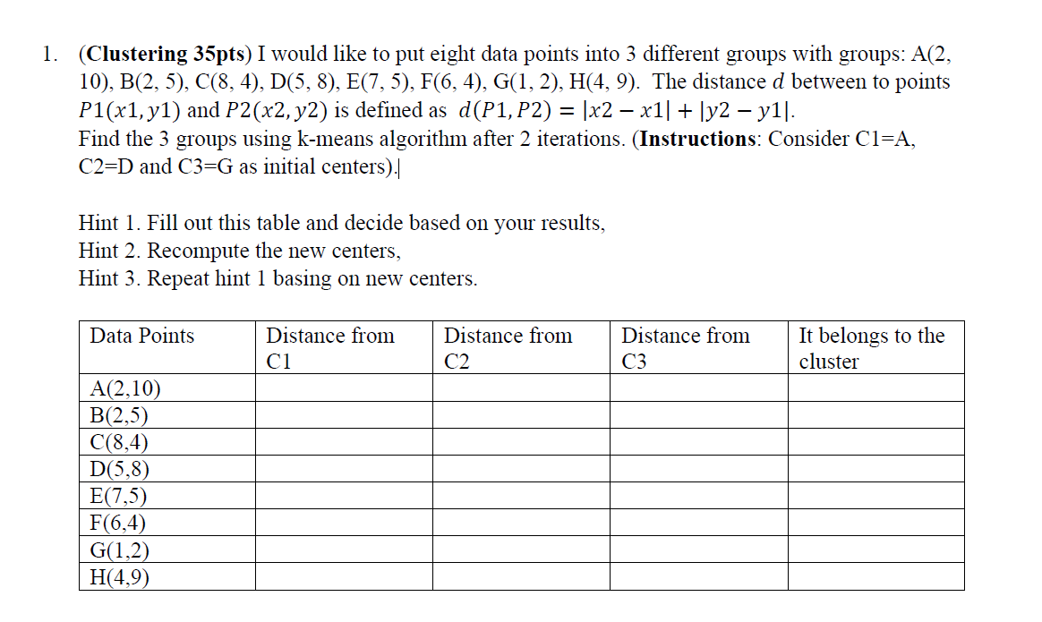 Solved (Clustering 35pts) I would like to put eight data | Chegg.com