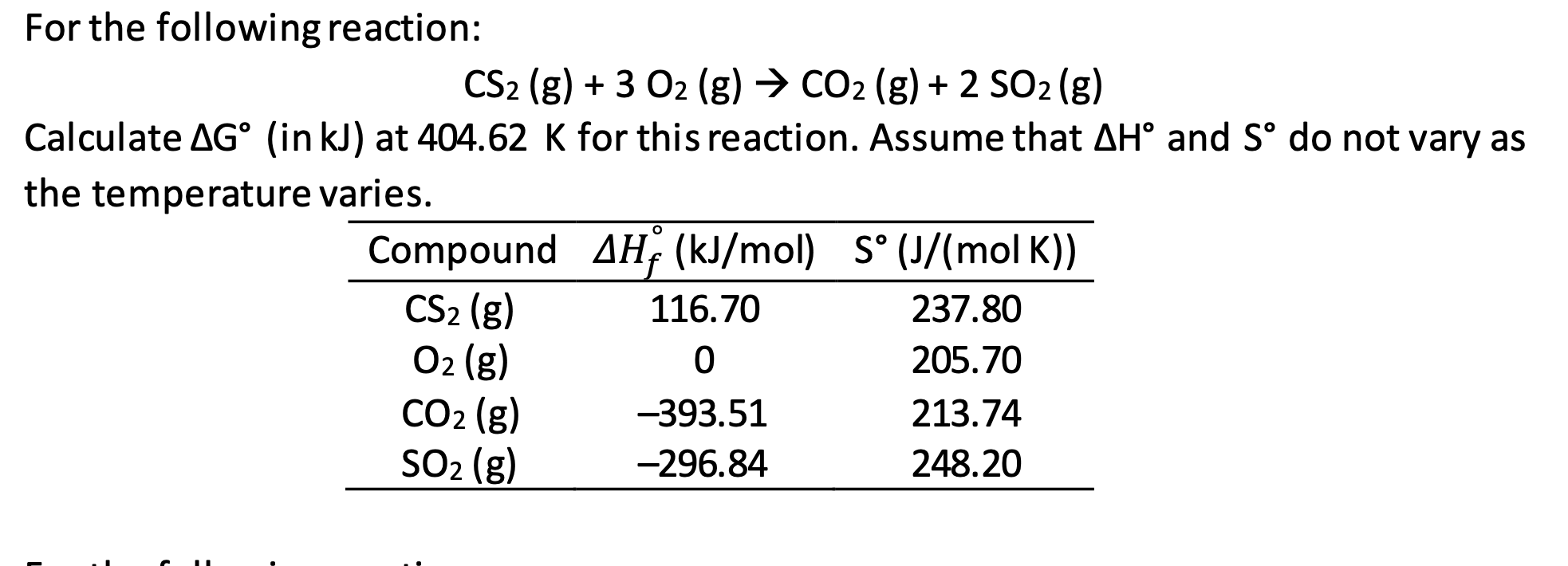 Solved For the following reaction: CS2 (g) + 3 O2 (g) → CO2 | Chegg.com