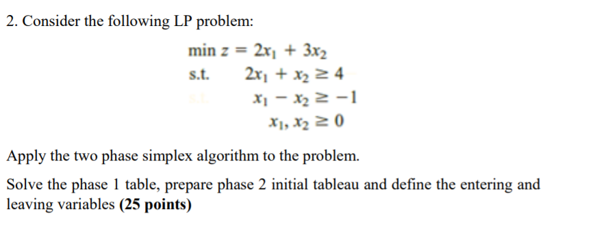 Solved 2. Consider the following LP problem: min z = 2x + | Chegg.com