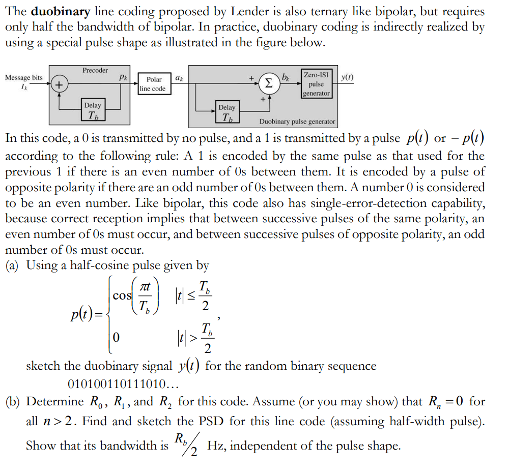 Solved The duobinary line coding proposed by Lender is also | Chegg.com