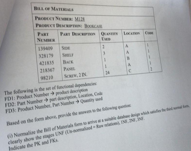 Solved BILL OF MATERIALS LOCATION CODE 1 PRODUCT NUMBER: | Chegg.com
