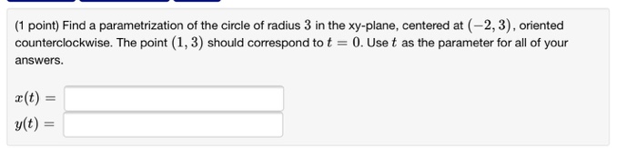 Solved (1 point Find a parametrization of the circle of | Chegg.com