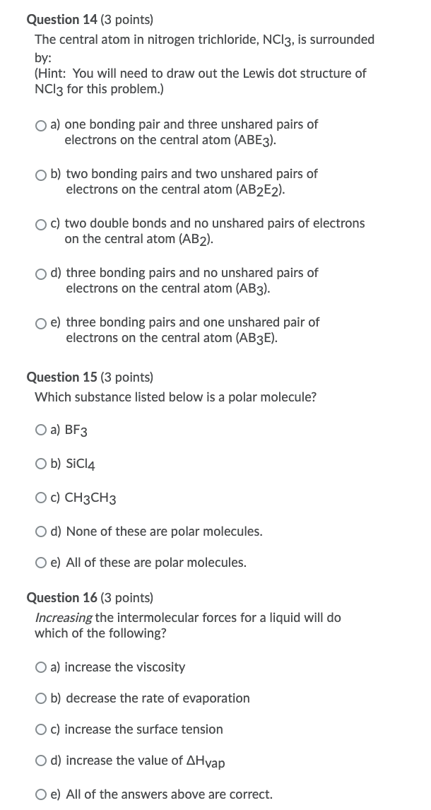 Solved Question 14 (3 points) The central atom in nitrogen | Chegg.com