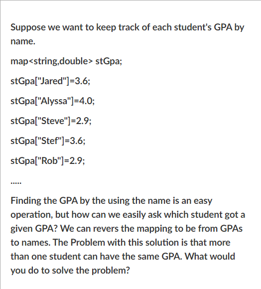 Solved Suppose we want to keep track of each student's GPA | Chegg.com