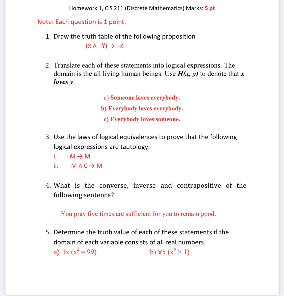 Solved Homework 1, CIS 211 (Discrete Mathematics) Marks: 5 | Chegg.com