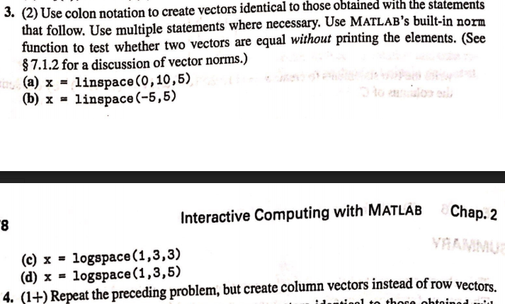 Solved 3. (2) Use colon notation to create vectors identical | Chegg.com