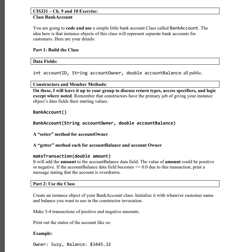 Solved CIS331 - Ch. 9 and 10 Exercise: Class BankAccount You | Chegg.com
