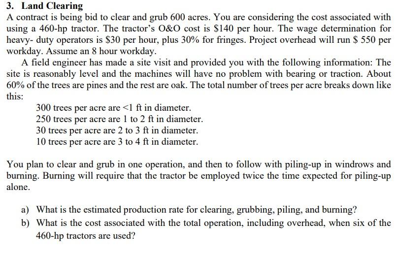 Solved 3. Land Clearing A contract is being bid to clear and | Chegg.com