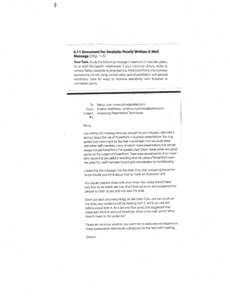 Solved 6.11 Document for Analysis: Poorly Written E-Mail | Chegg.com
