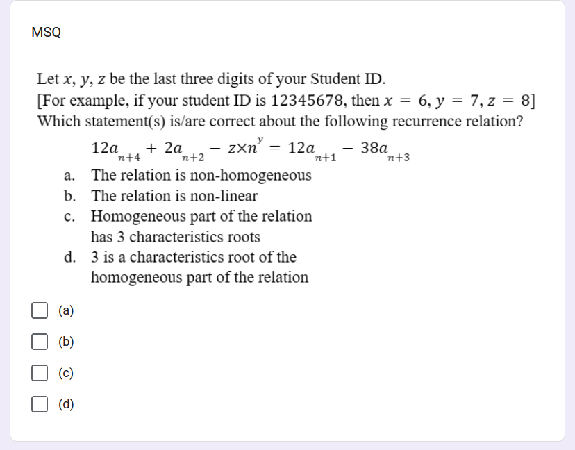 Solved Let x,y,z be the last three digits of your Student | Chegg.com