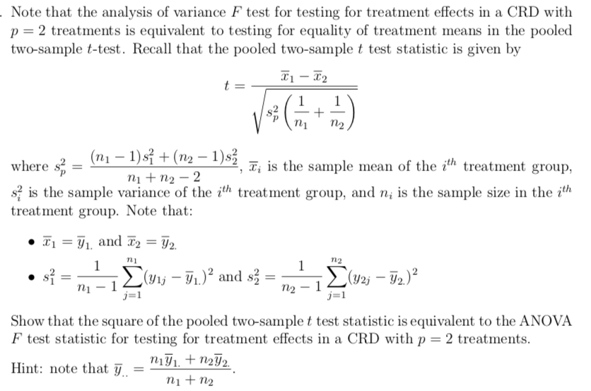 Solved Note that the analysis of variance F test for testing | Chegg.com