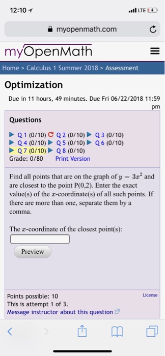 Solved 12:101 a myopenmath.com myOpenMath Home Calculus 1 | Chegg.com