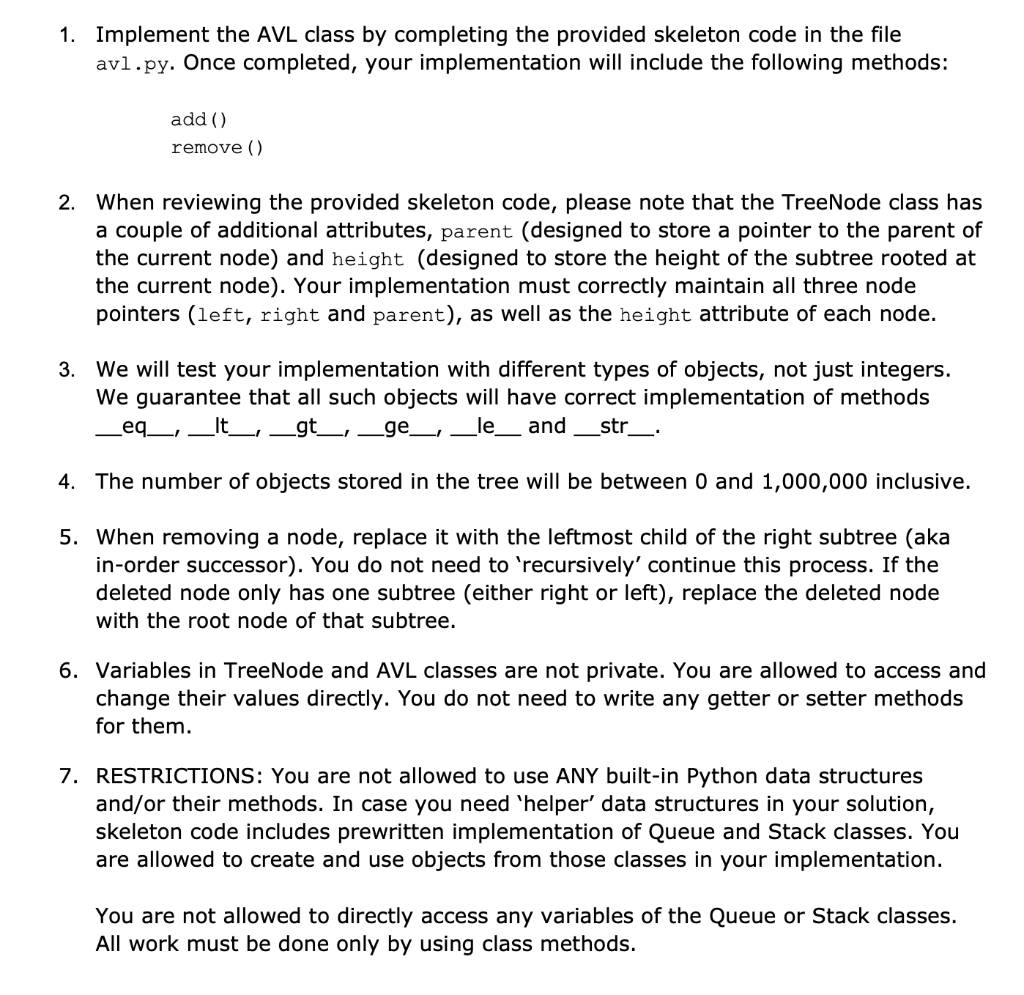 Solved **PYTHON**AVL INSERTION, REMOVE**NO built-in Python | Chegg.com