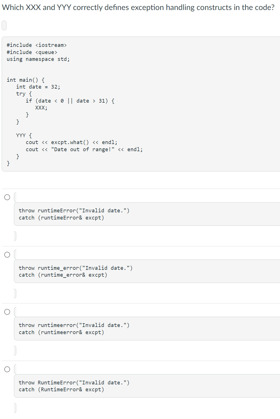 Solved Which XXX and YYY correctly defines exception | Chegg.com