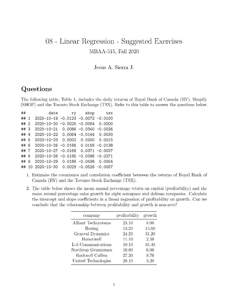 Solved 08 - Linear Regression - Suggested Exercises | Chegg.com