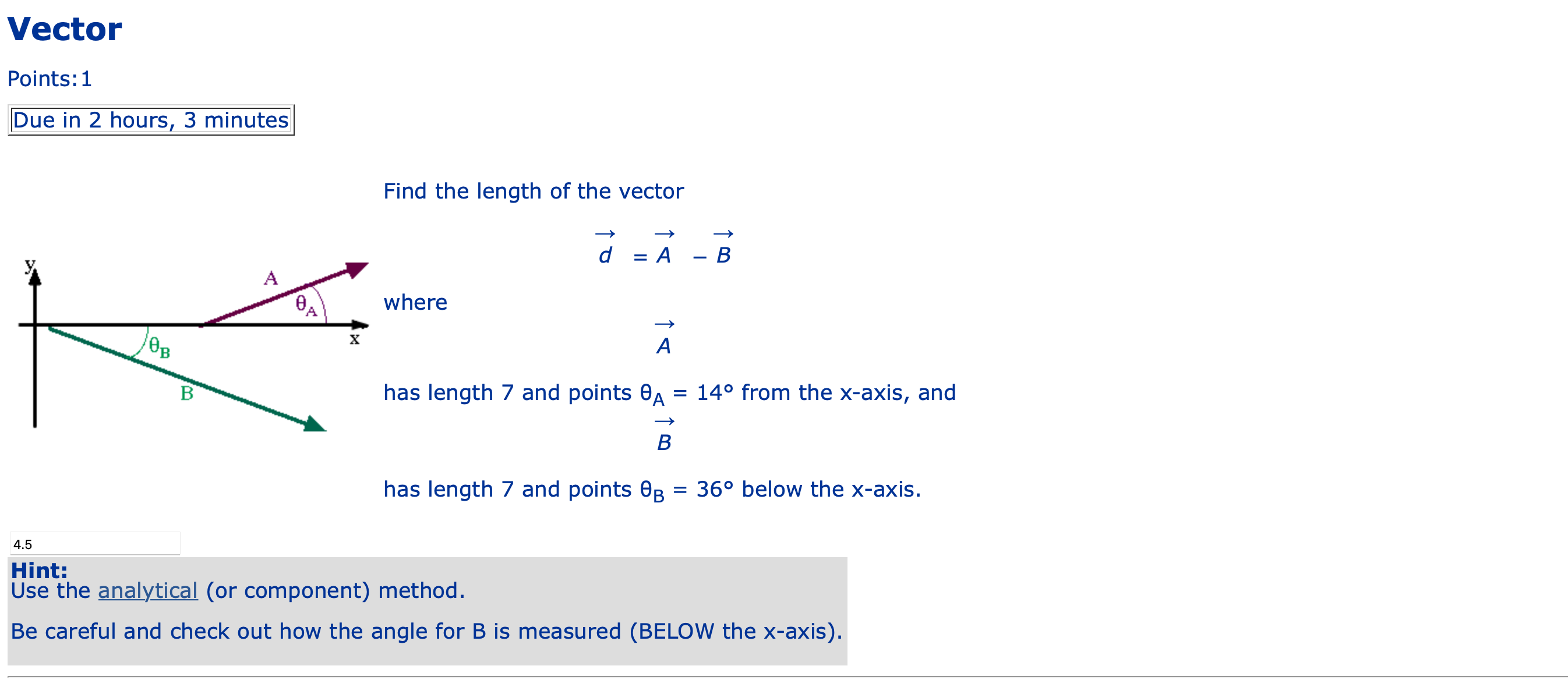 Solved Find the length of the vector d=A−B vhere A las | Chegg.com