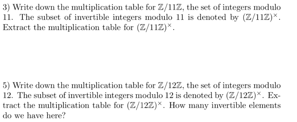 Solved 3) Write down the multiplication table for Z/11Z, the | Chegg.com