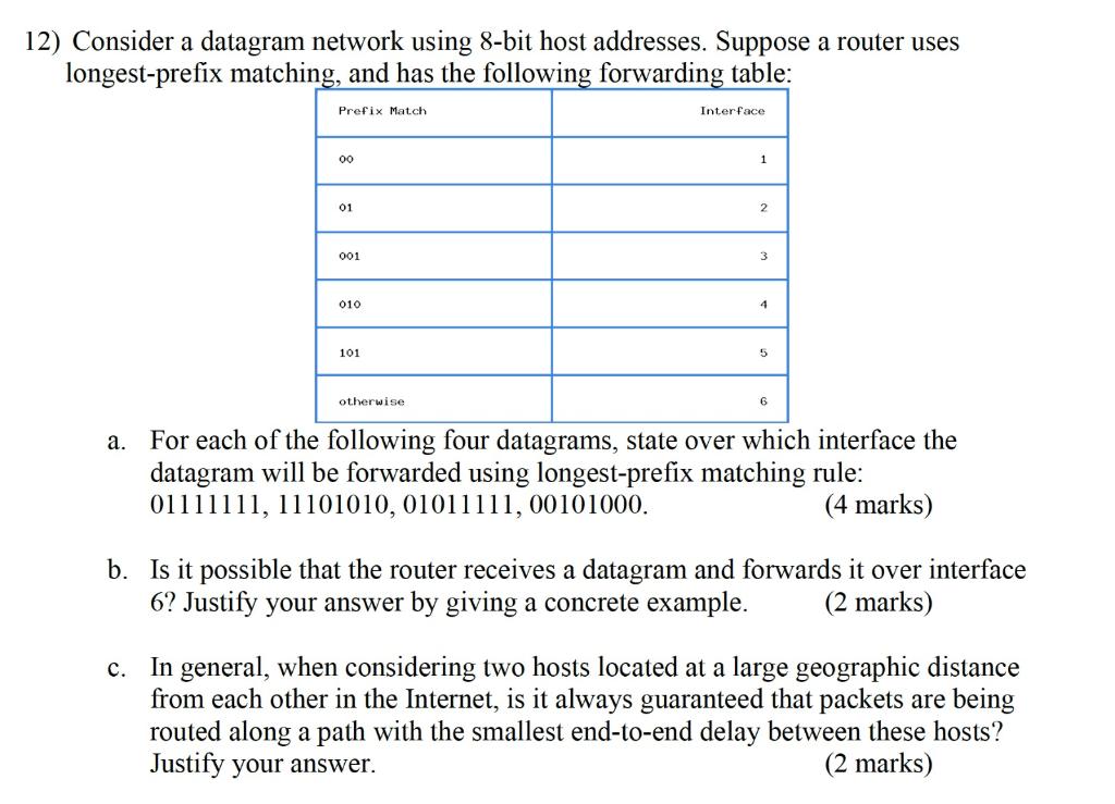 Solved 12) Consider a datagram network using 8-bit host | Chegg.com