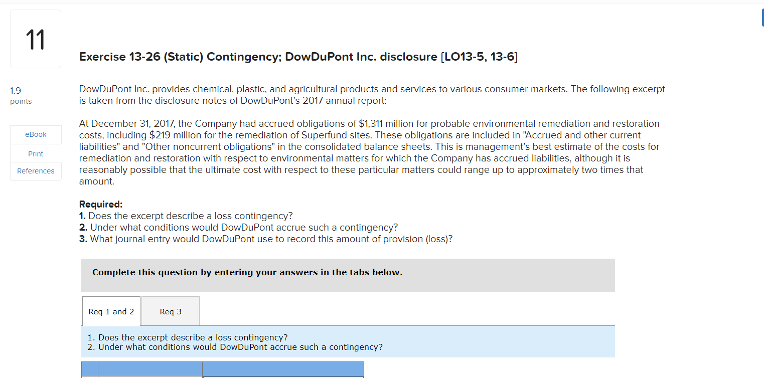 Exercise 13-26 (Static) Contingency; DowDuPont Inc. | Chegg.com