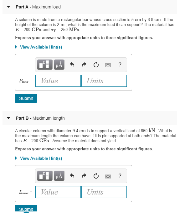 Solved Part A - Maximum load A column is made from a | Chegg.com