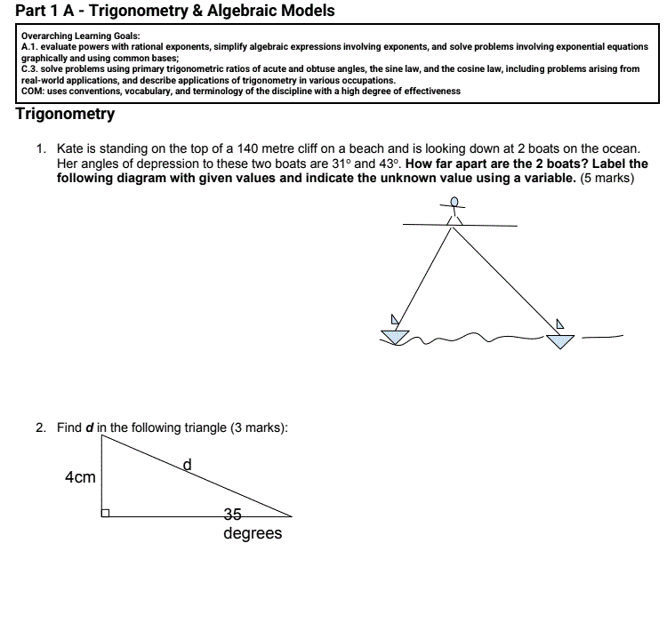 Solved Part 1 A - Trigonometry & Algebraic Models | Chegg.com