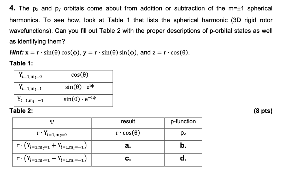 Solved 4. The Px and py orbitals come about from addition or | Chegg.com