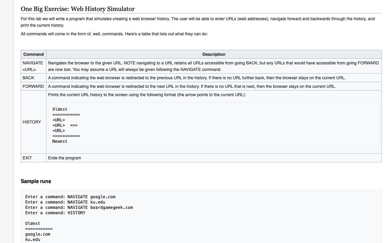 Solved One Big Exercise: Web History Simulator For this lab | Chegg.com