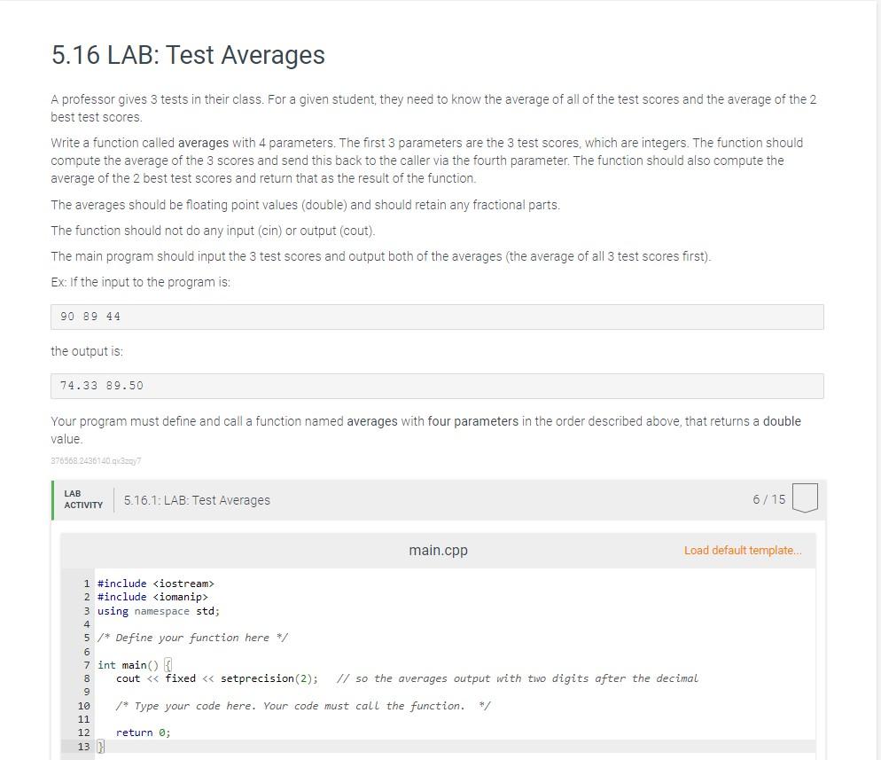 Solved 5.16 LAB: Test Averages A professor gives 3 tests in | Chegg.com