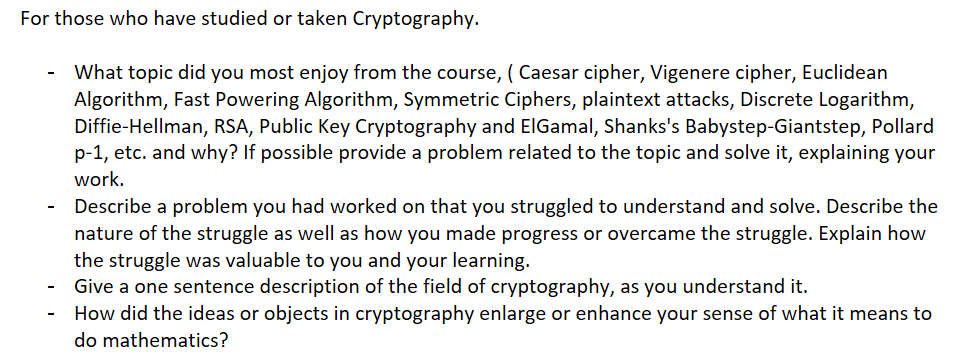 Solved For those who have studied or taken Cryptography. - | Chegg.com