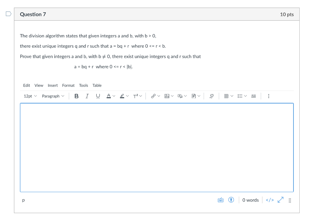 Solved U Question 7 10 pts The division algorithm states | Chegg.com