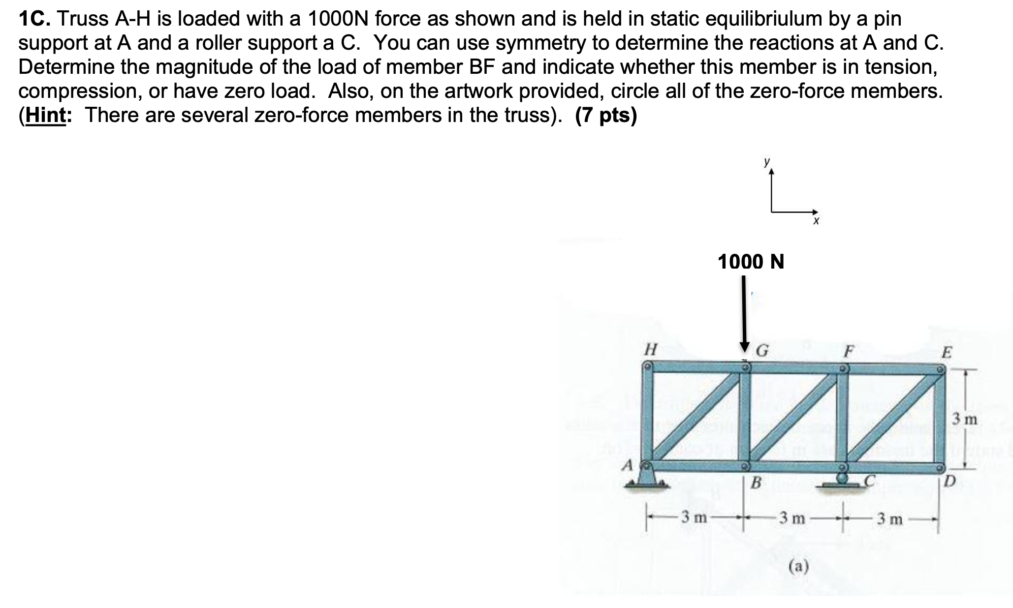 Solved 1C. ﻿Truss A-H is loaded with a 1000 ﻿N force as | Chegg.com