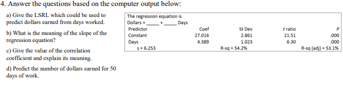 Solved 4. Answer the questions based on the computer output | Chegg.com
