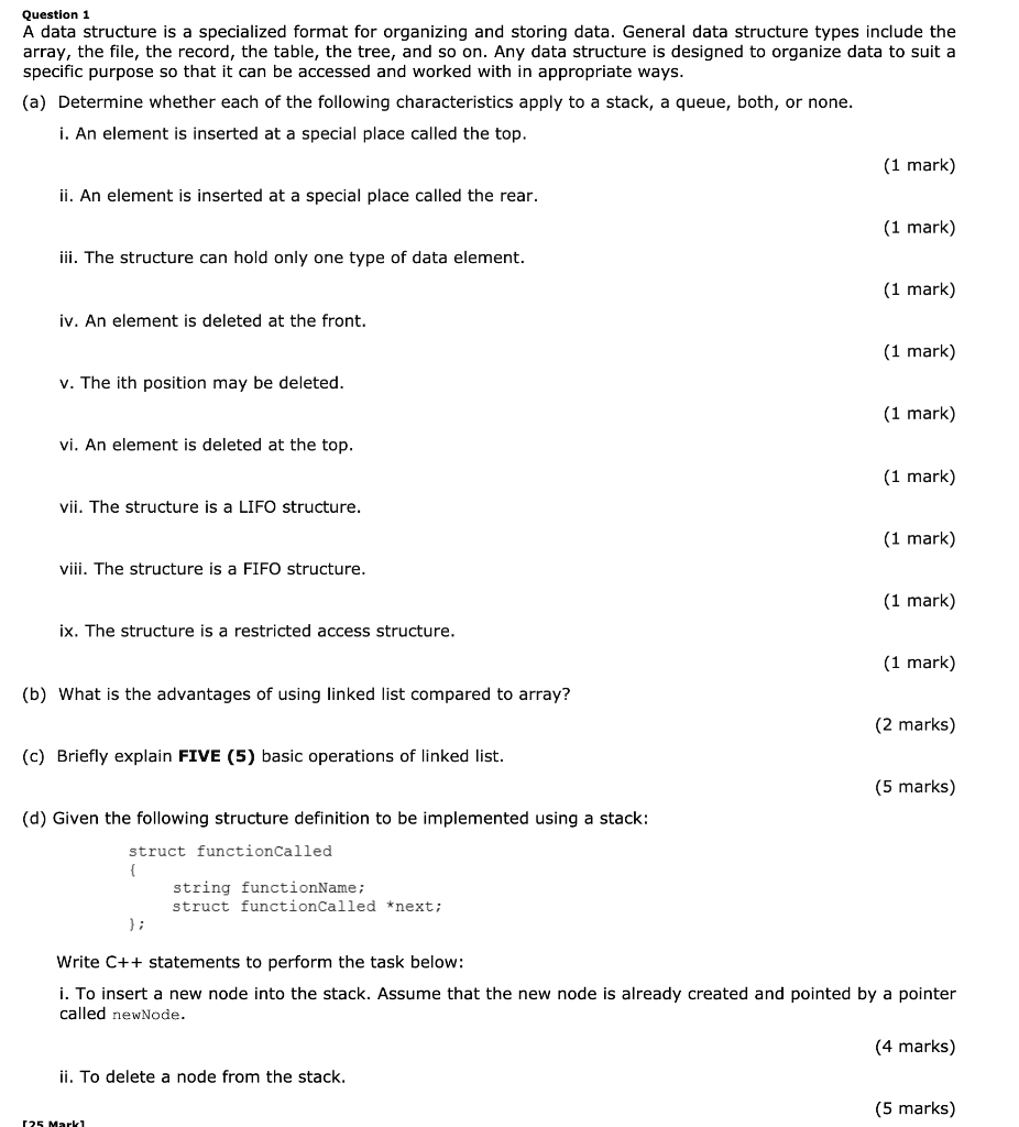 Solved Question 1 A Data Structure Is A Specialized Format 