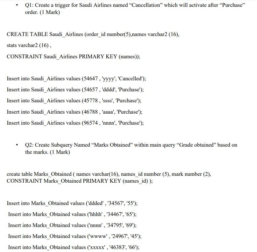 Solved - Q1: Create a trigger for Saudi Airlines named | Chegg.com