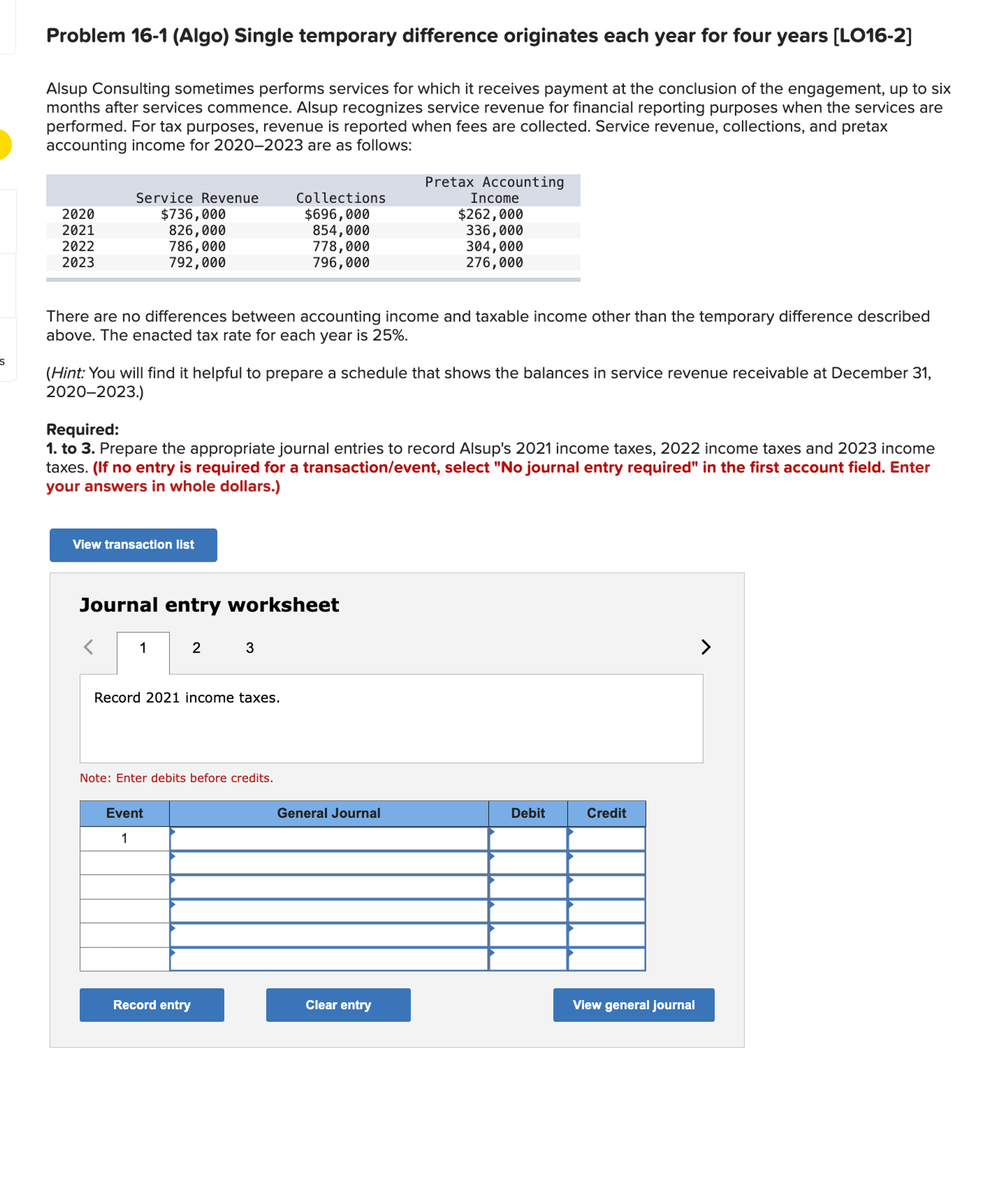 Solved Problem 16-1 (Algo) ﻿Single temporary difference | Chegg.com
