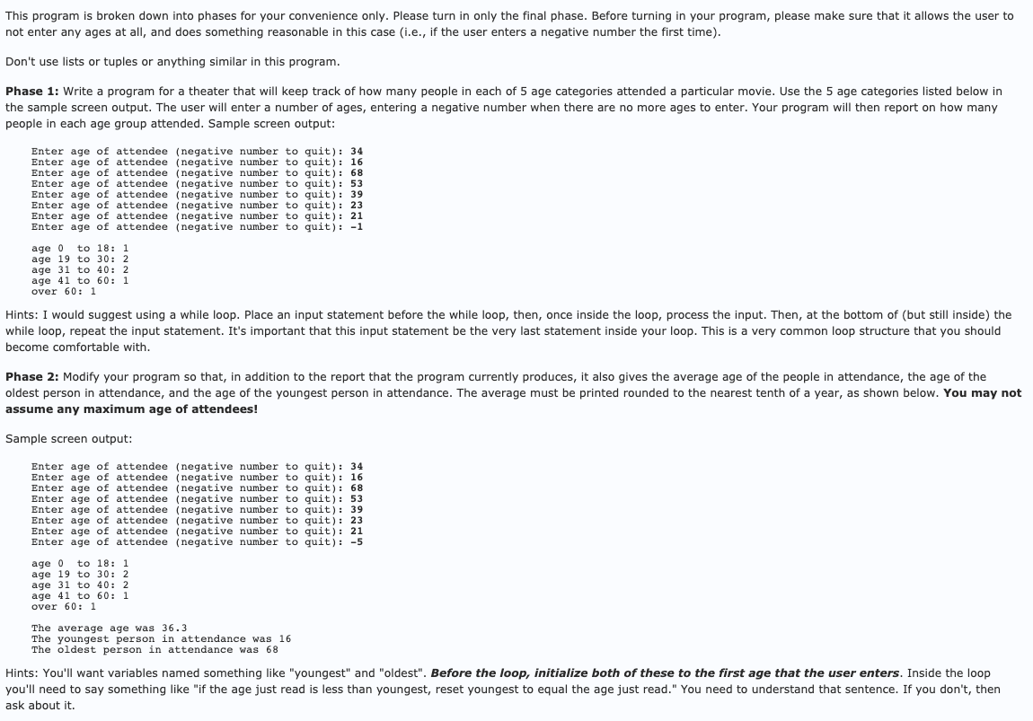 Solved This program is broken down into phases for your | Chegg.com