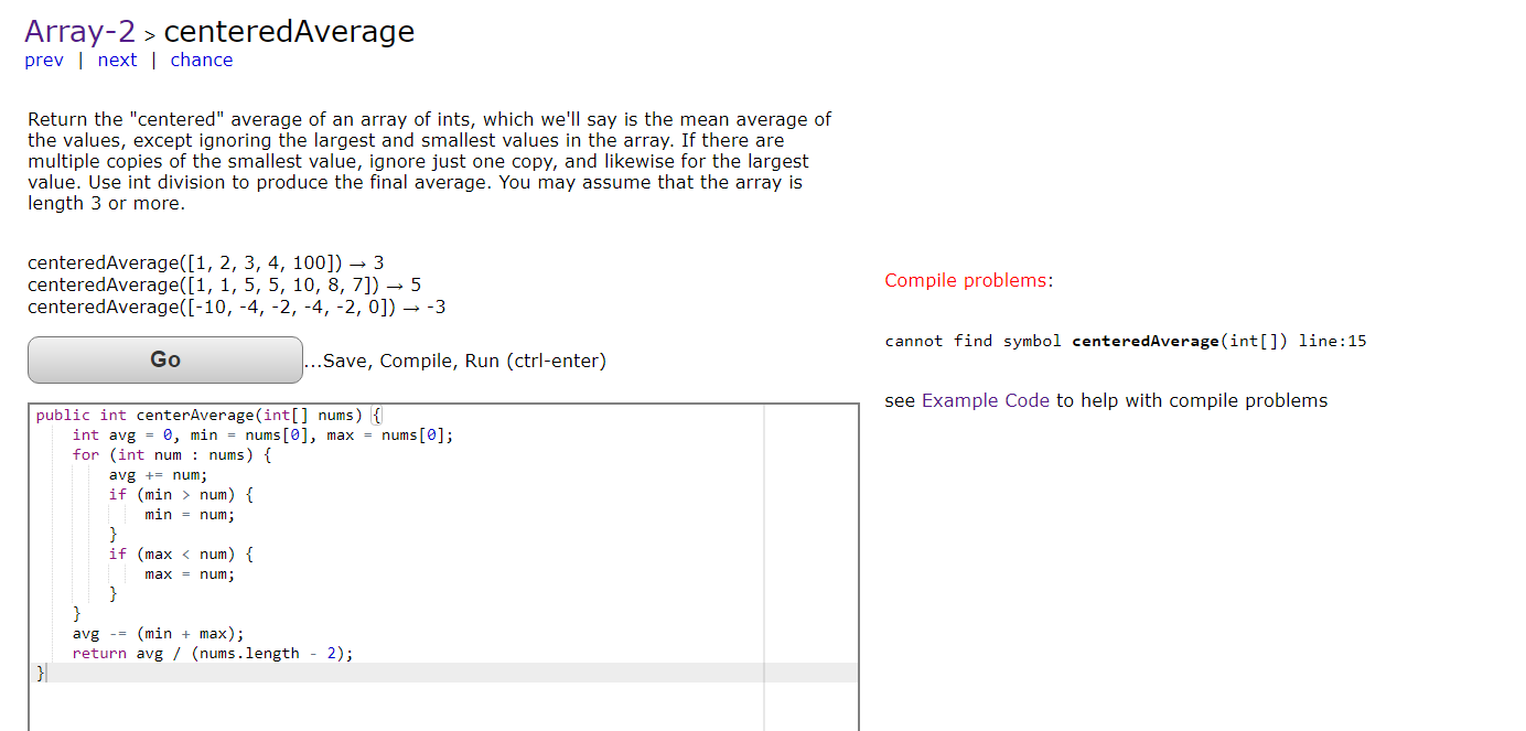 Solved Array-2> centeredAverage prev next chance Return the | Chegg.com